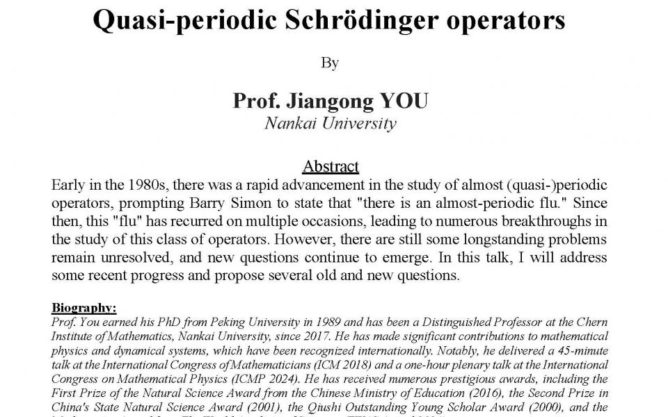 Department Of Mathematics Mathematics Colloquium Quasi Periodic Schrödinger Operators